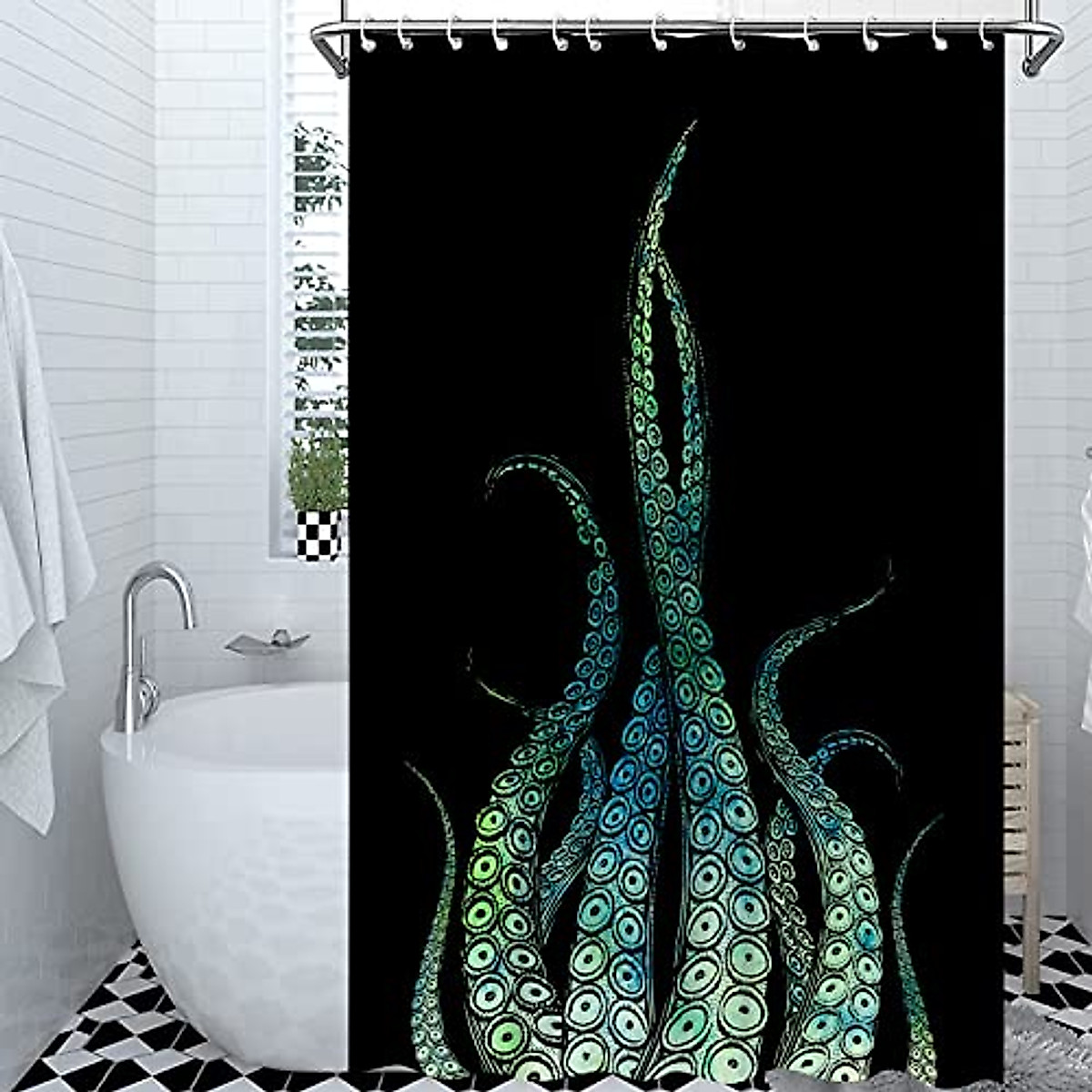 WYURMKT Octopus Tentacles Shower Curtain Kraken Ocean Animal Green Sea Underwater Creature Simple Black Backdrop Cool Creative Art Bathroom Decor Curtains Set Polyester Fabric with Hooks 70Wx70H Inch