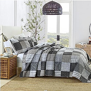 HIARUO Quilt Set Queen Size, 3 Pieces Bedspread Coverlet Plaid Patchwork Quilt Farmhouse Queen Size Comforter Set Lightweight Bedding with 2 Pillow Covers Shams for All Season Gray Brown White