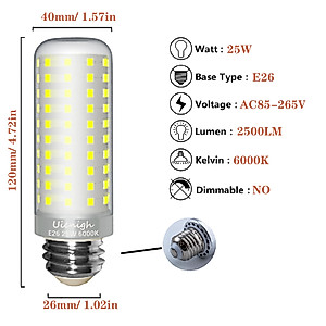 Uicnigh 25W LED Light Bulb 200 Watt Equivalent,Medium Screw Base E26 LED Bulb,6000K Daylight White Bright 2500LM for Home Lighting,Non-Dimmable Led bulb,3 Pack