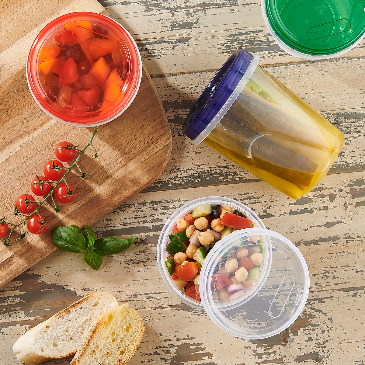 ELEGANT DISPOSABLES 32 ounce Plastic Food Storage Containers with colored Twist Top Lids Reusable Leak Proof Deli Containers for Freezer Storage Meal Prep Pack of 12