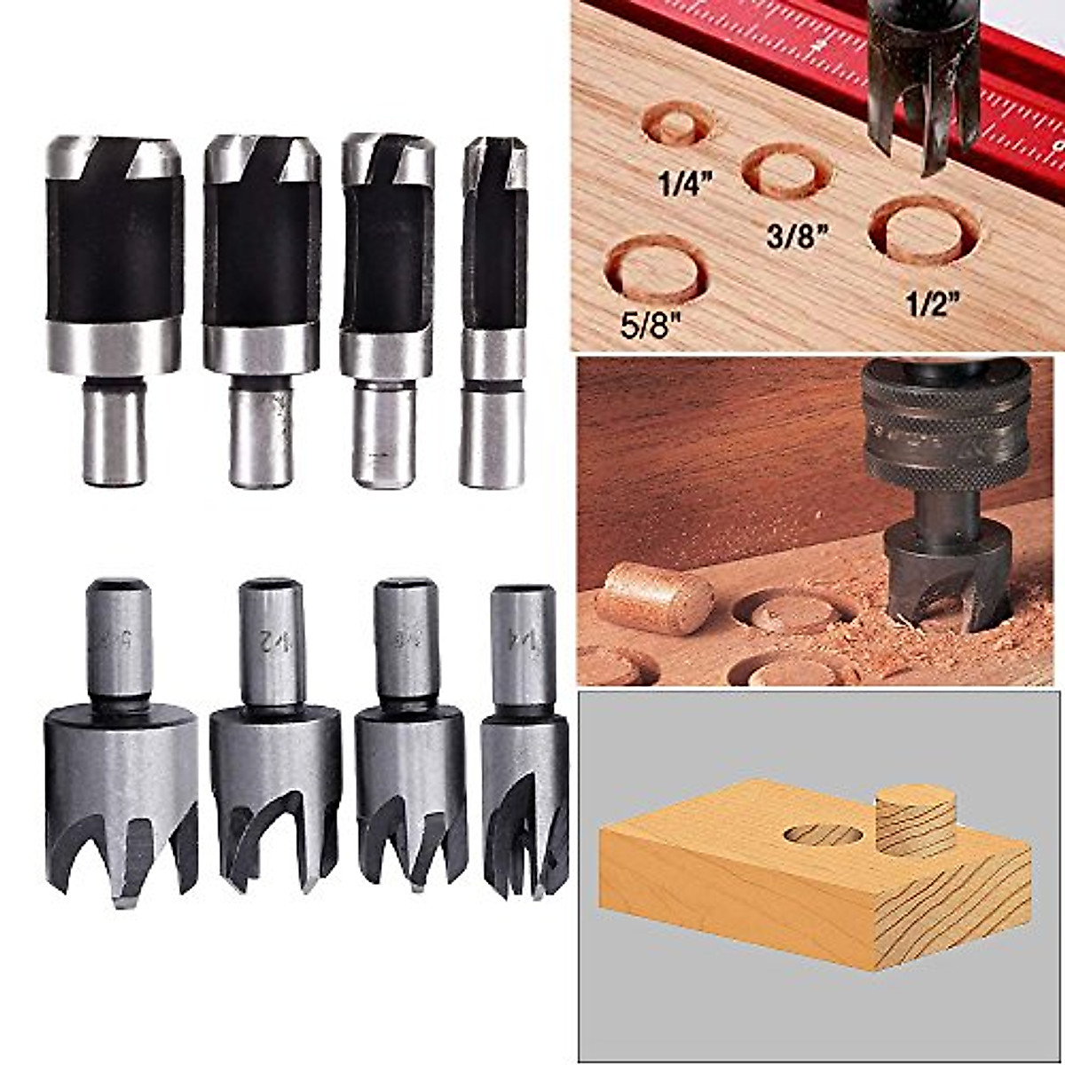 Eagles 14-Pack Woodworking Tool Set, 8PCS 5/8" 1/2" 3/8" 1/4" Carbon Steel Wood Plug Cutter Drill Bit Set and 6pcs 1/4" Hex Shank HSS 5 Flute 90 Degree Countersink Drill Bits