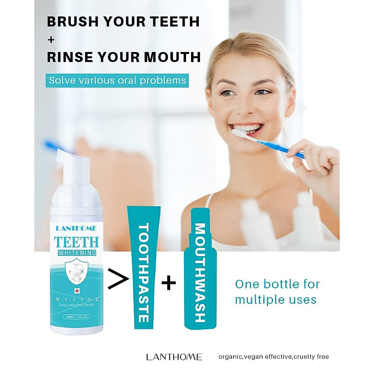 LANTHOME White Foam Teeth Whitening Products-Tooth Whitening Mousse, Easy to use Teeth Whitener Foam for White Teeth,Freshens Breath, Whitens Teeth & Fights Bad Breath 50ml
