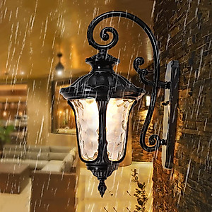 KAIKEA Outdoor Wall Lanterns Exterior Wall Mounted Sconce Light E27 Aluminum Waterproof Wall Light Fixtures for Home Patio Garden Garage Farmhouse Porch Lighting with Water Glass（Black）