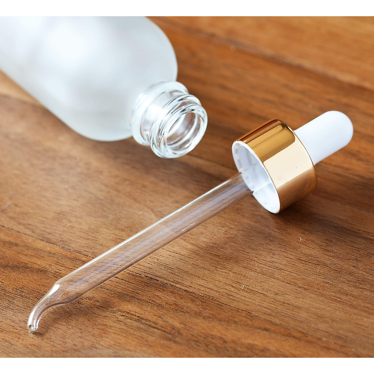 JUVITUS 2 oz / 60 ml Frosted Clear Glass Boston Round Empty Bottle Containers with Silver Metal and Glass Dropper (24 pack) + Funnel