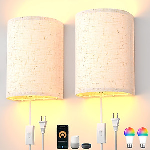 Lenarinter Wall Lamp with Plug in Cord Set of 2, Battery Operated Wall Sconces with RGB Smart Bulb & Switch Control, Linen Fabric Shade, Indoor Wall Lights for Bedroom Living Room Hallway