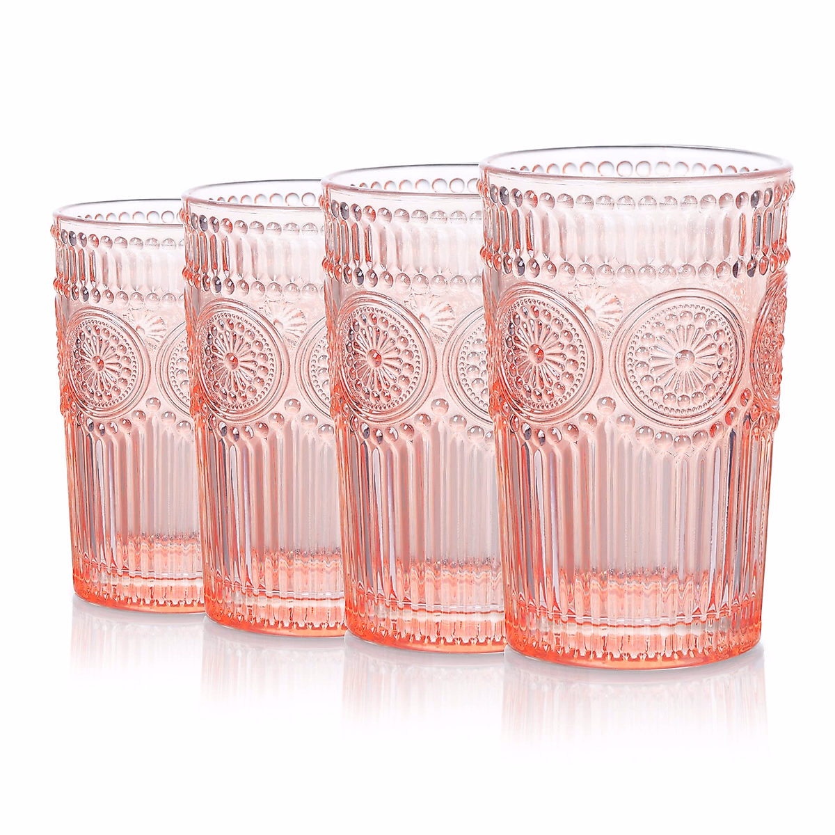 Joeyan Pink Drinking Glass Cups,Flower Embossed Romantic Water Tumblers,Vintage Highball Glassware for Juice Beverage Wine Cocktail,Great for Wedding Party Home Daily Use,11.5 oz,Set of 4