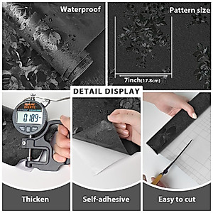 Lativo Black Peel and Stick Wallpaper Silk Embossed Floral Contact Paper for Cabinets Drawers Furniture 118×17.7''Textured Flower Wallpaper Removable Kitchen Wallpaper for Bathroom Waterproof Thicken