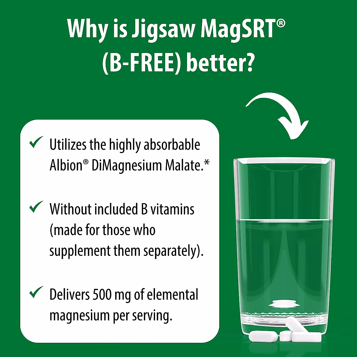 Jigsaw Health MagSRT (B-Free) | Premium, Organic, Slow Release Magnesium Supplement | Active, Bioavailable Magnesium Malate Tablets | 60 Tablets | 15 Servings