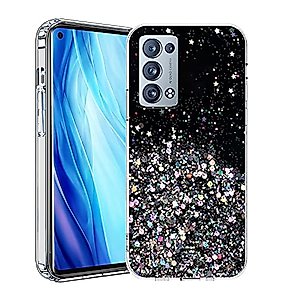 for Oppo Reno 6 Pro 5G Case Silicone，Clear Oppo Reno 6 Pro 5G (Snapdragon) Phone Case Speck, Ultra Slim 0.3mm Soft Shockproof Protective Glitter Cute Phone Cover for Women Green (Black)