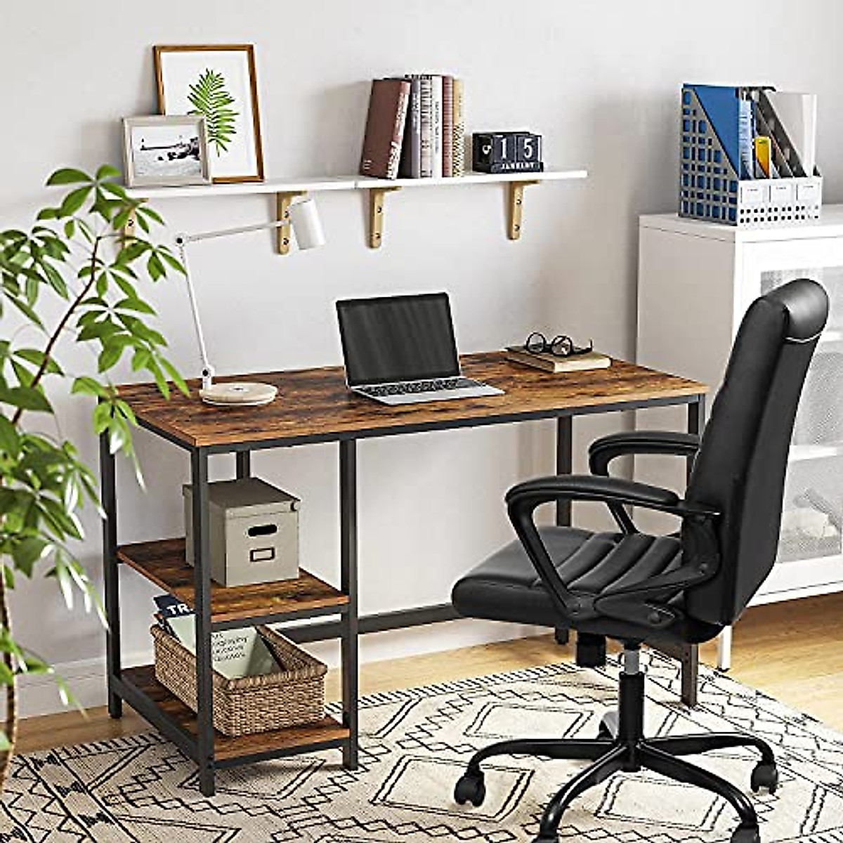 Furmax Mid Back Ribbed Desk Chair PU Leather Executive Office Chair Swivel Computer Chair with Soft Padded Arms