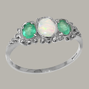 Stunning 925 Sterling Silver Natural Opal & Emerald Womens Engagement Ring - Size 8.5