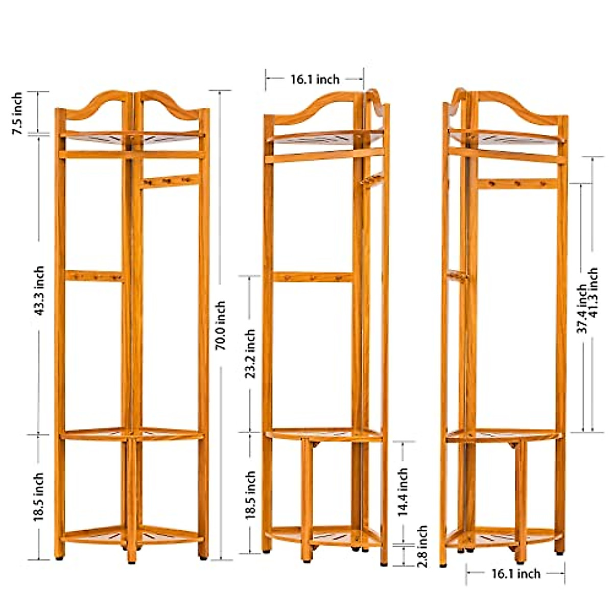 70“ Teak Corner Hall Tree with Shoe Bench,Corner Coat Rack with Bench,Corner Hall Tree,Entryway Coat Rack,Built of Solid Teak.