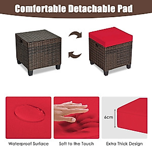 RELAX4LIFE 2-Piece Patio Ottoman Set - Wicker Footstools, All Weather PE Rattan Ottoman with Removable Cushions, Square Footrest Seat, Outdoor Stools for Garden, Porch, Pouf Ottoman (Red)