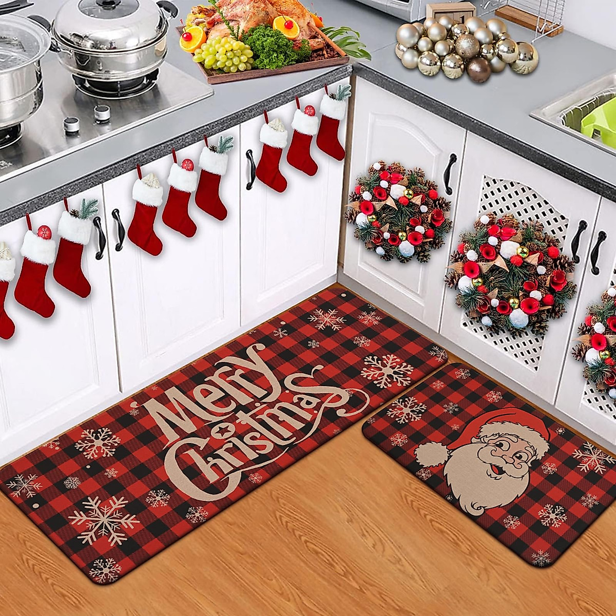 Yinhua Christmas Kitchen Rugs and Mats, Non Skid Red and Black Plaid Washable Kitchen Mats for Floor, Santa Claus Absorbent Kitchen Mats for Kitchen Floor Xmas Decor Gift 17x30 and 17x47 Inch