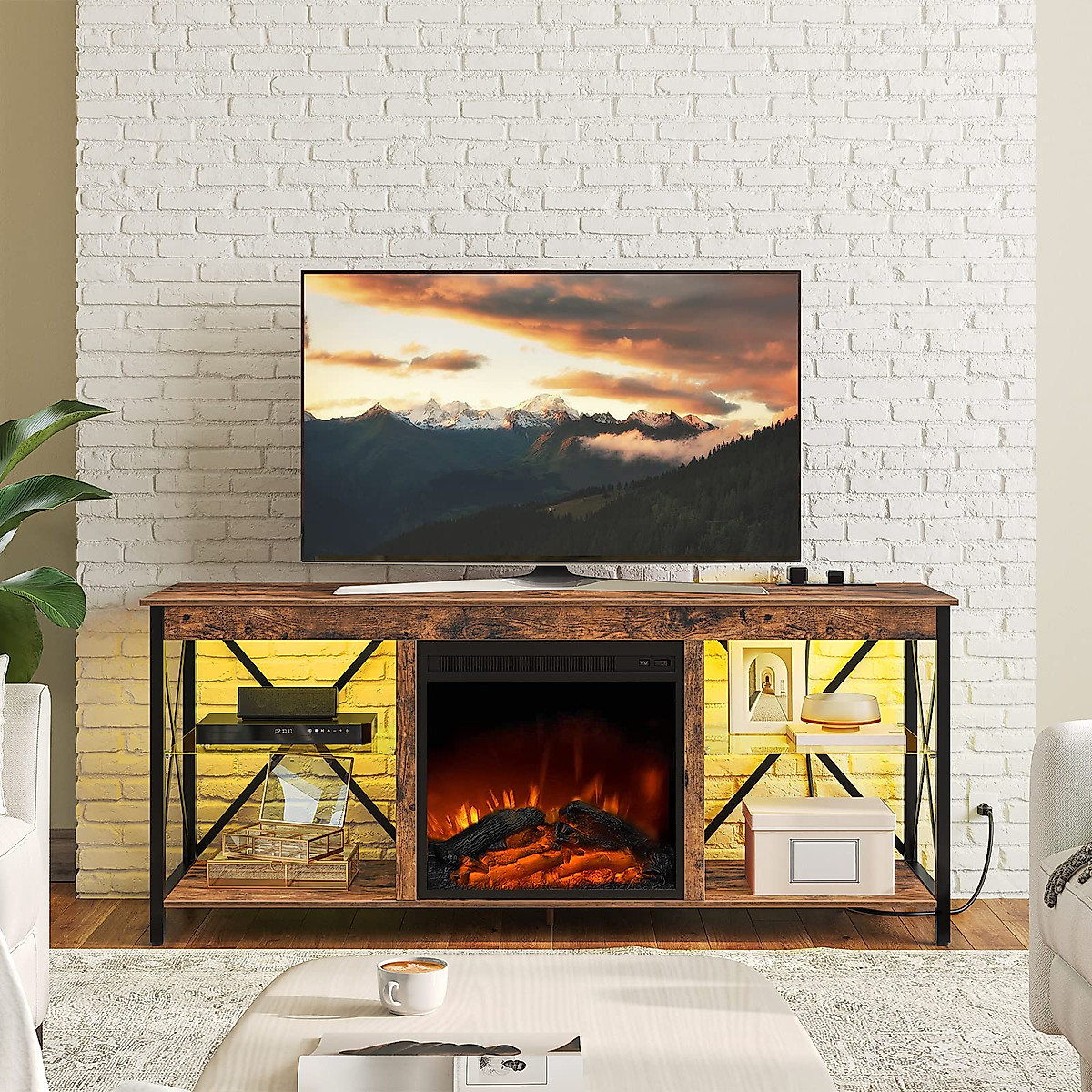 HOOBRO Fireplace TV Stand with Led Lights and Power Outlets, Wooden Media Entertainment Center Console Table with Glass Shelves, Fireplace TV Console for TVs up to 65", Rustic Brown BF140UDDS01