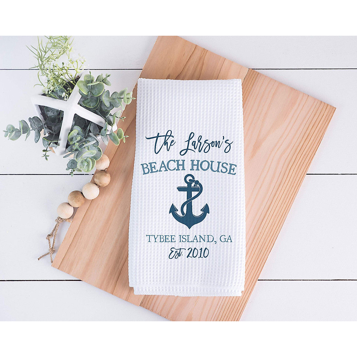 CANARY ROAD Personalized Beach House Kitchen Towel, Personalized Beach House Tea Towel, Family Name, Beach Kitchen Decor, Waffle Weave Towel, Coastal Gift, Beach Housewarming