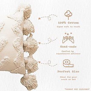 Banilla Throw Pillow Cover Bundle | Featuring a Pair of Hand Tufted Diamond Detailed 18" Pillow Covers & a 12x20 Lumbar Pillow with Chunky Tassels | Natural White