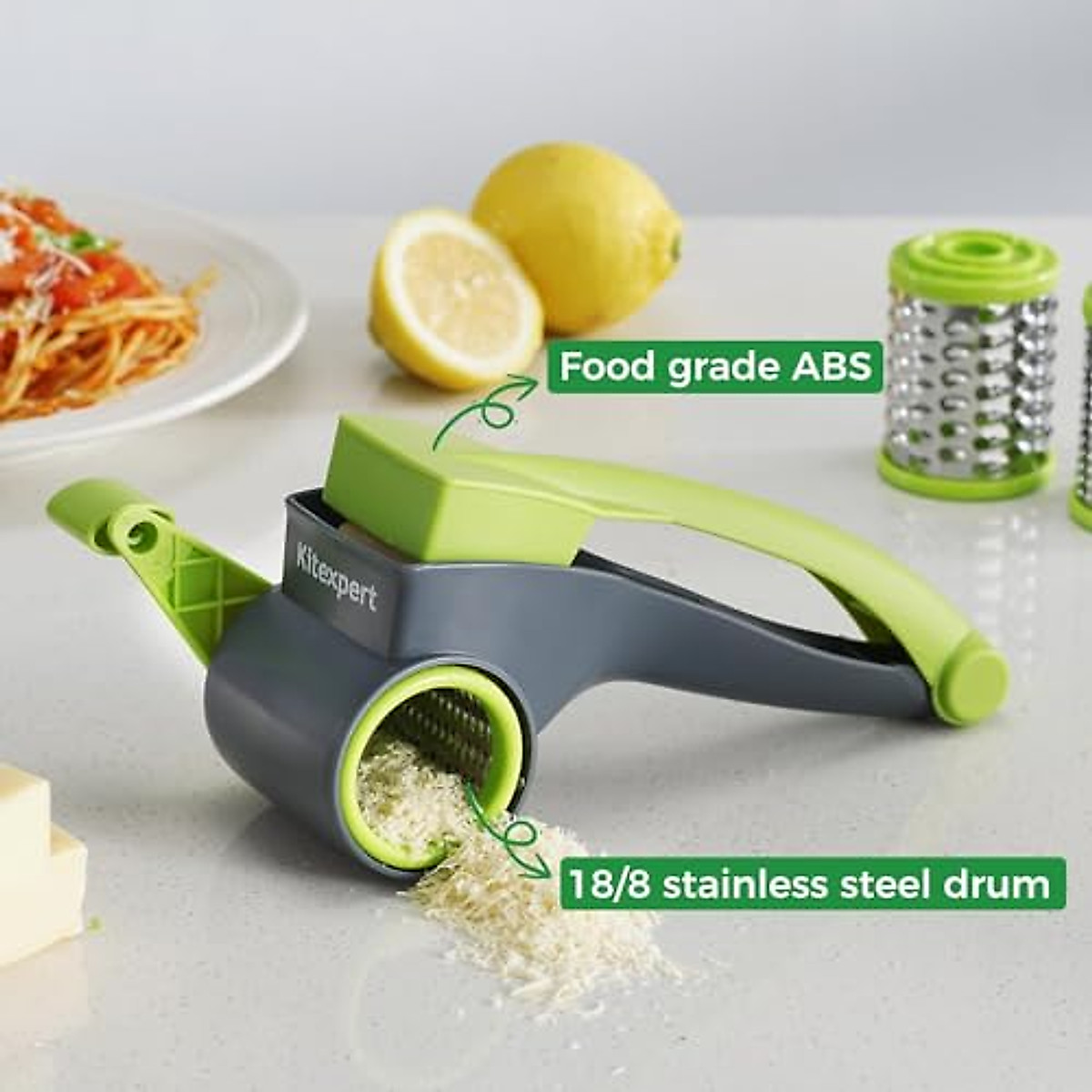 KITEXPERT Cheese Grater with Handle, Parmesan Cheese Grater, Handheld Rotary Cheese Grater, Olive Garden Cheese Grater with 2 Stainless Steel Drums for Hard Cheese, Chocolate, Nuts, vegetables