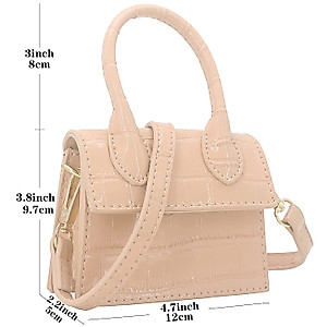 Nodeber Mini Crossbody Bag for Women Girls Synthetic Leather Flap Purse Styling Top-Handle Clutch Handbag Croco Nude