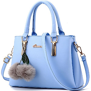 YOUNXSL Women Satchel Bags Handle Shoulder Handbags and Purses Pockets Zipper PU Leather Crossbody Bags Light Blue