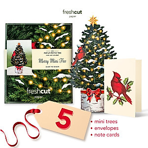 Freshcut Paper Pop Up Cards, Merry Mini Tree, 7 inch Mini Sized Paper Christmas Tree 3D Popup Greeting Cards, Christmas Card, Holiday Card, Blank Notecards & Envelopes, Pack of 5