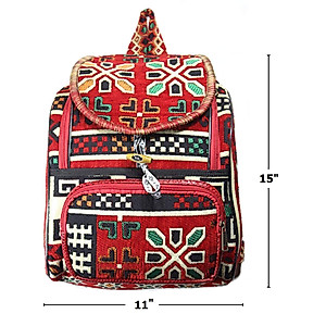 Aysesa Turkish Rug Backpack Multi Pocket Handmade Stylish Designer Daypack Ethnic Handwoven Carpet Bag for Travellers Boho Hippie Bag (Red, Rug)
