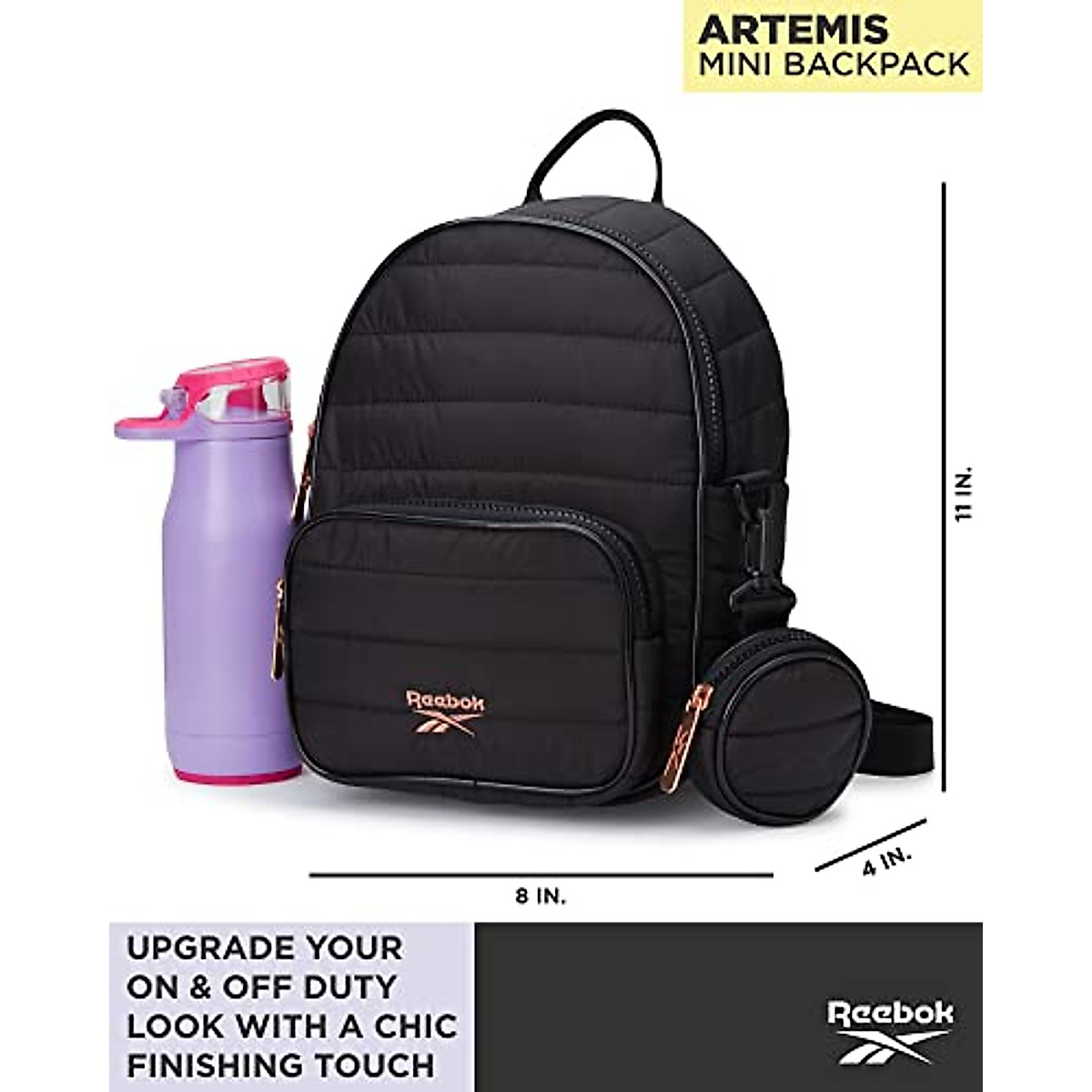 Reebok Women's Backpack - Artemis Quilted Shoulder Purse - Travel Gym Bag for Kids, Teens, and Adults, Size One Size, Black