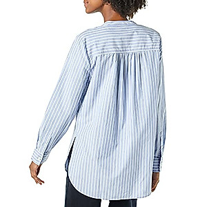 Amazon Essentials Women's Long Sleeve Tunic Poplin Shirt, Blue/White, Stripe, Small