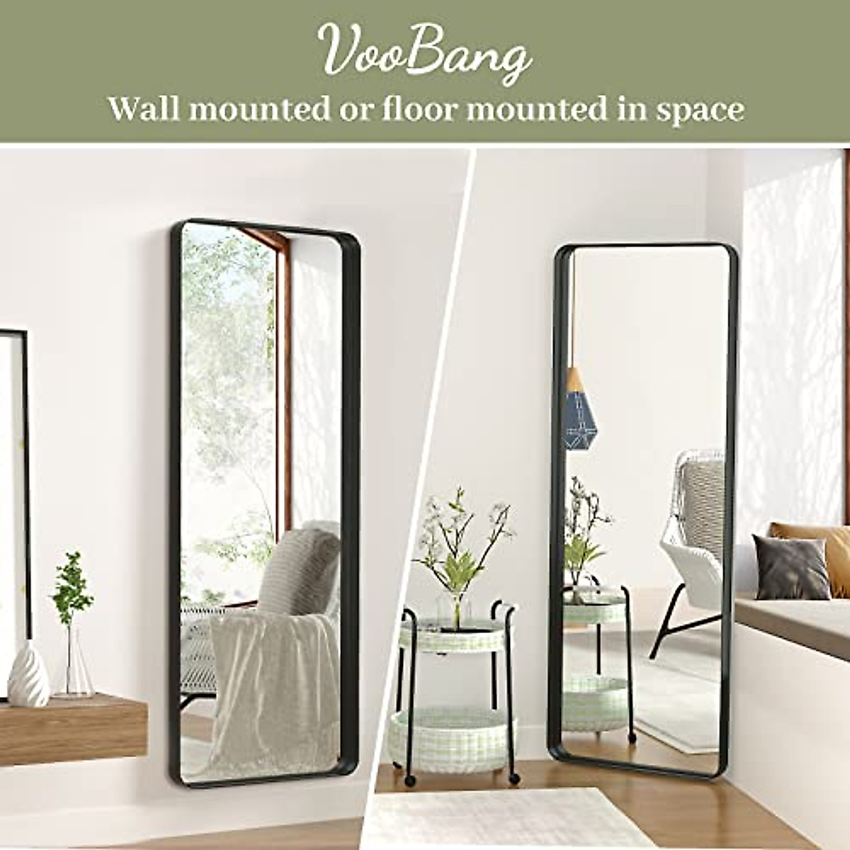 VooBang Full Length Mirror Deep Framed 21x64 Inch Floor Stand, Leaning or Dressing Modern Sleek and Chic Design Ideal for Bedroom, Closet, or Entryway Black