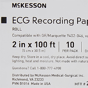 McKesson ECG Recording Paper, White Diagnostic Thermal Paper, 2 in x 100 ft, 10 Count, 1 Pack