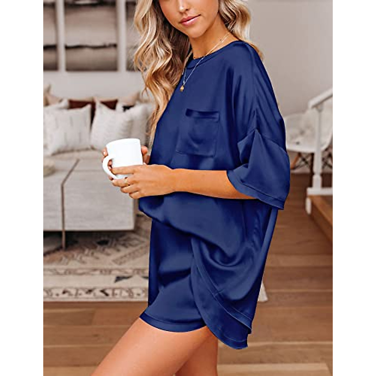 SWOMOG Womens Satin Pajamas Sets Solid Short Sleeve T-Shirt Tops with Shorts Sleepwear Summer Pjs Loungewear Navy Blue