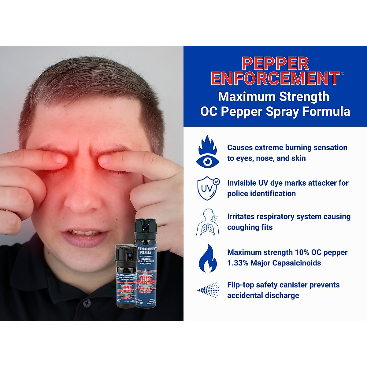 Pepper Enforcement 2 oz. Fogger Pepper Spray with Tactical Belt Loop Holster for Self Defense - Maximum Strength 10% OC Police Fog Formula, Flip Top Safety Tactical Design, Personal Protection Devices