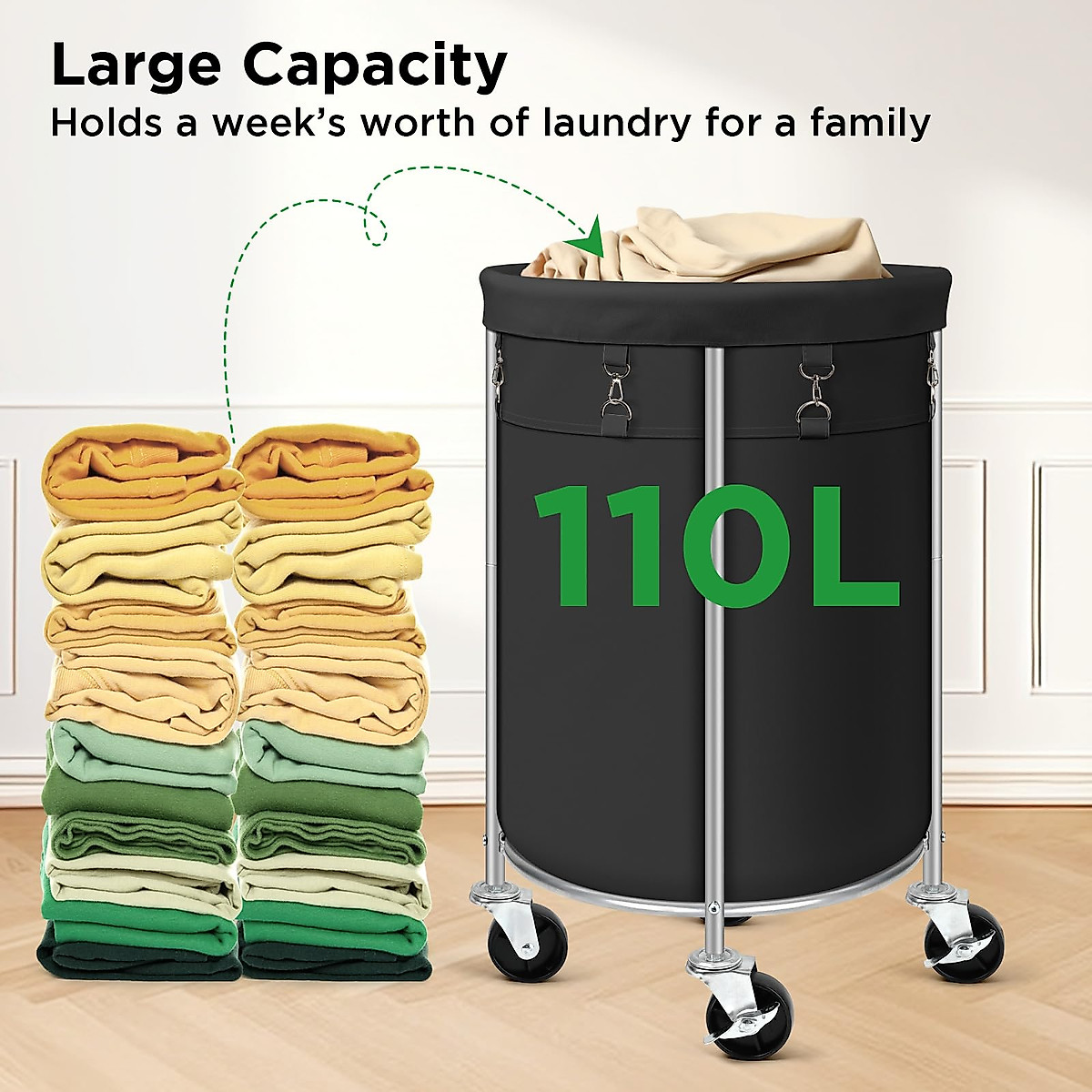 Laundry Hamper with Wheels, Rolling Laundry Basket, Round Laundry Sorter Cart with Steel Frame and Removable Bag, 4 Casters and 2 Brakes, Ideal for Bedroom, Bathroom, Laundry Room, Black