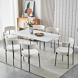 Honyee White Dining Chairs, Modern Dining Chairs Set of 2, Teddy Fleece Round Cushion Dining Room Chairs, Curved Backrest Dining Chairs with Black Metal Legs (White, 2Pcs)