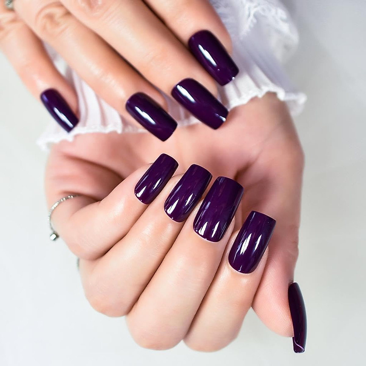 Coolnail Dark Purple Press On False Nails Medium Length Square Reusable Acrylic Deep Violet Solid Color Nail Art Tips Fake Fingernails for Women & Girl