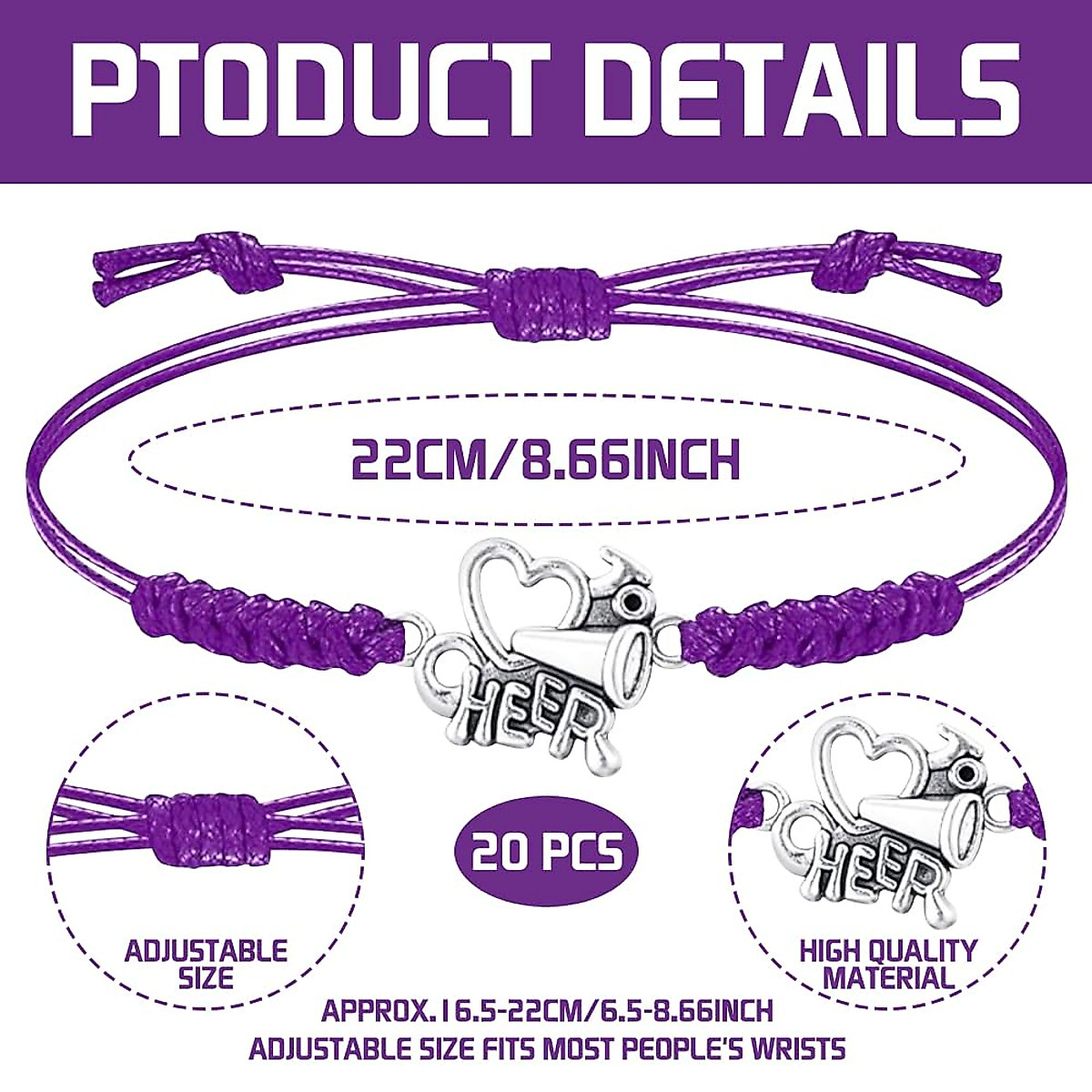 ZUYYON 20 Pcs Cheerleader Gifts Cheer Bracelet Girls Cheerleading Charm Bracelet Bulk Adjustable Cheerleader Gifts for Cheer Team Cheerleading Jewelry Accessories(Purple)