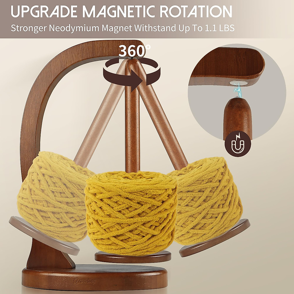 Wooden Yarn Holder for Crocheting, Upgrade Larger Size & Magnetic, Rotating Pendulum Yarn Ball Dispenser Stand, Yarn Spinner as Surprise Gift for Knitting Lovers (Walnut)