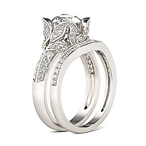 Jeulia Sterling Silver Round Cut Ring Tulip Flower Bridal Set Cubic Zirconia Simulated Diamond Engagement Rings Solitaire Wedding Promise Rings with Jewelry Box (7.5)
