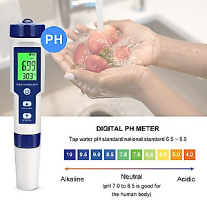 GuDoQi Digital PH Meter, 5 in 1 Water Quality Tester with Backlight, PH/TDS/EC/Salinity/Temp Meter with ATC, 0.01 Resolution High Accuracy Pen Type Tester, for Aquarium, Spas, Drinking Water