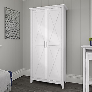 Bush Furniture Key West Tall Storage Cabinet with Doors in Pure White Oak