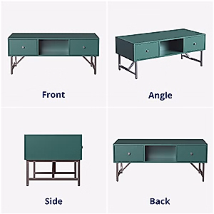 Cozy Castle Coffee Table with Drawers, 43" Mid Century Modern Coffee Table with Storage, Coffee Table with Metal Legs, Wood Small Coffee Table for Living Room, Bedroom and Office, Green