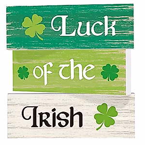 Whaline St. Patrick's Day Decor 3-layered Green Shamrock Wood Block St. Patricks Decorations Luck of the Irish Prints Wood Sign Tiered Tray Table Decorations for Home Living Room Mantle Dining Table, 3Pcs