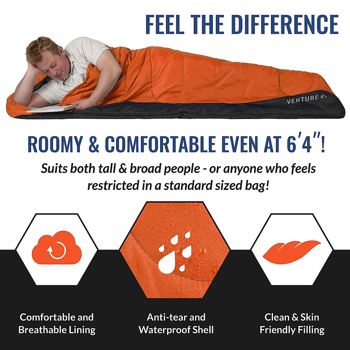 VENTURE 4TH 3-Season XL Backpacking Sleeping Bag, Camping Sleeping Bags for Adults & Kids - Lightweight, Comfortable, Water Resistant, Ideal for Hiking, Camping & Outdoor – Orange/Gray