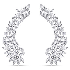 Big Angel Wing Ear Crawler Earrings Cubic Zirconia in 14k White Gold Over Sterling Silver