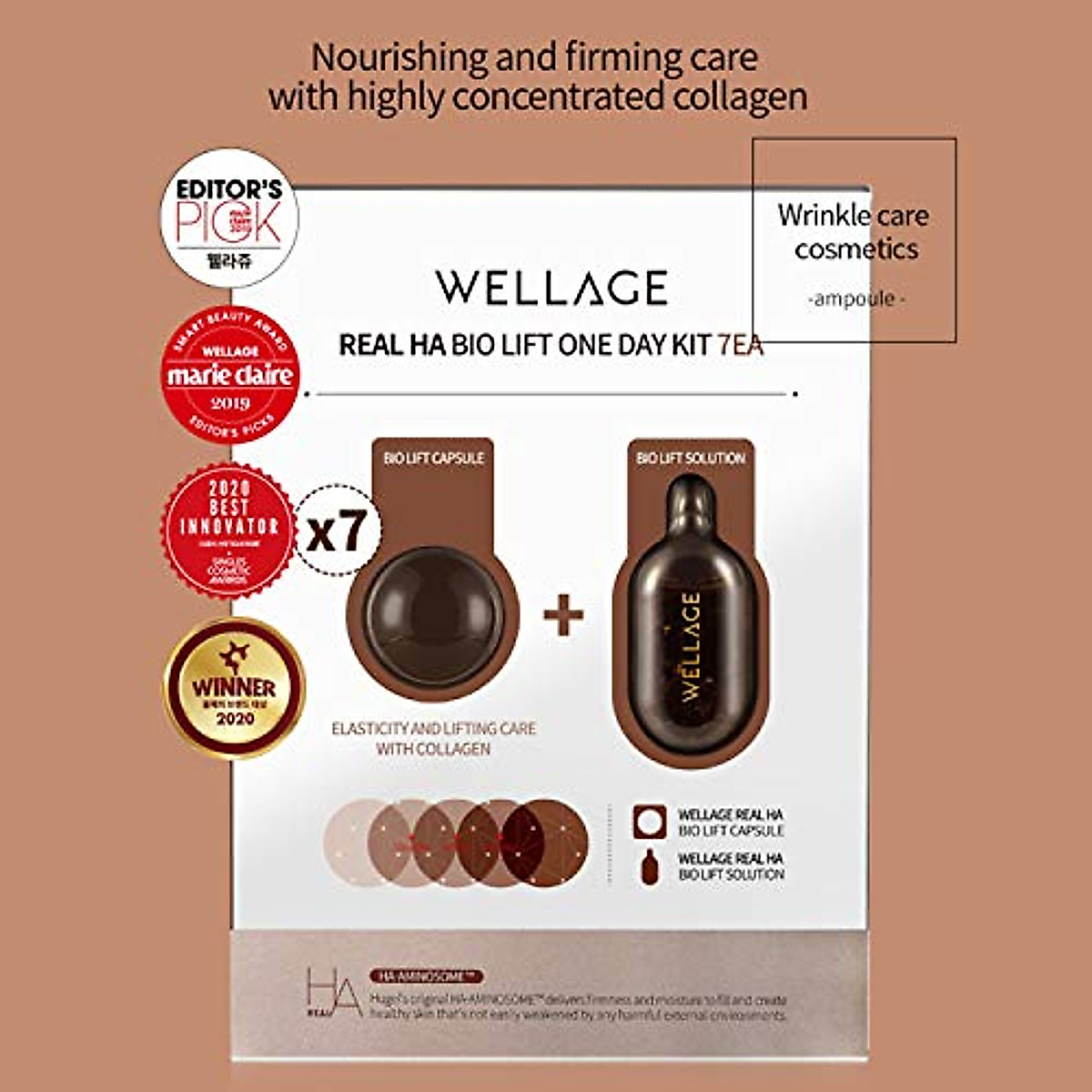 WELLAGE Real HA Bio Lift One Day Kit 7ea, Anti-Aging Serum with Concentrated Collagen, Bouncy and Firm Skin, High Nourishing Formula with 24K Gold and Peptides, Golden Ray for Aging and Loose Skin