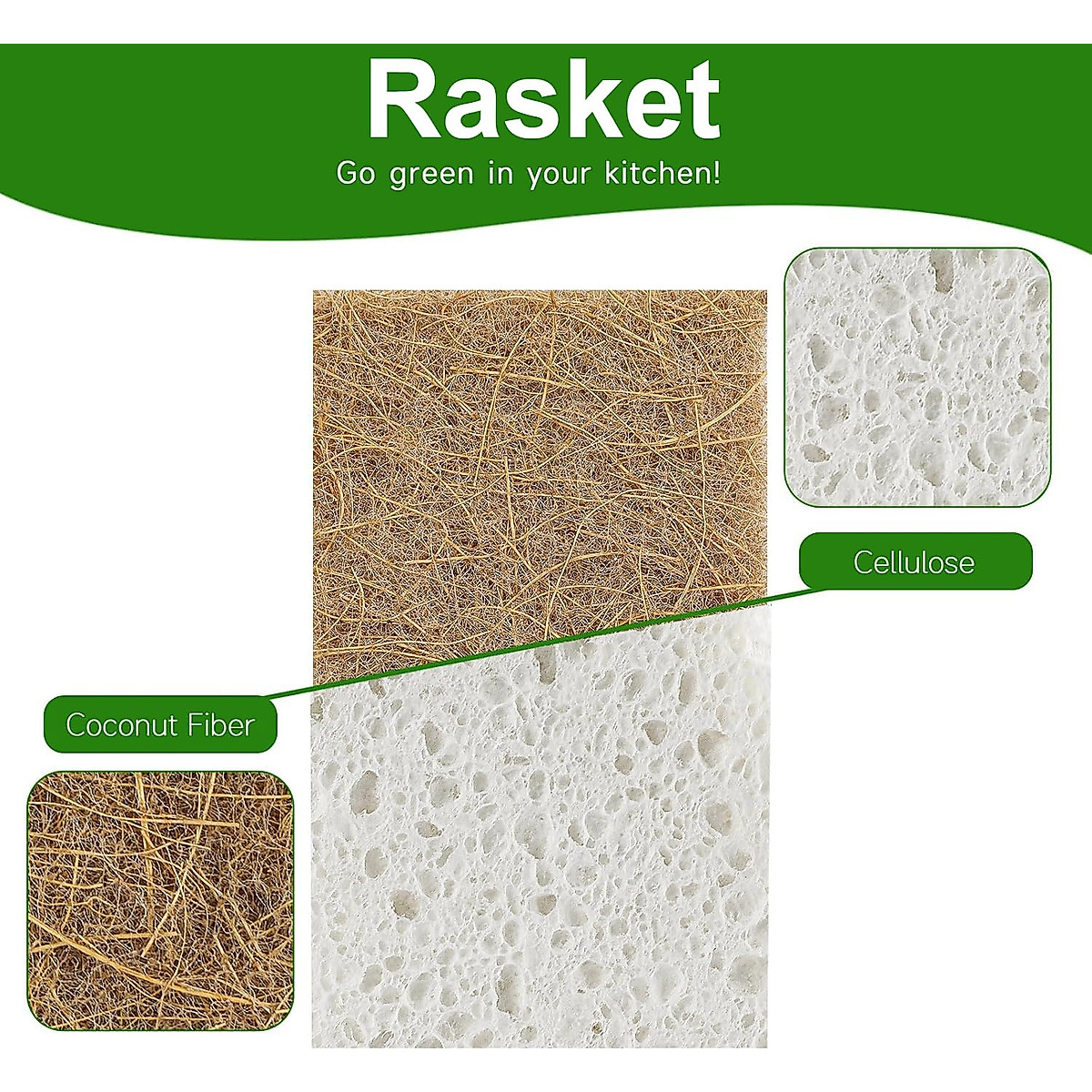 Rasket 10 Pack Biodegradable Natural Sponges Kitchen - Compostable Cellulose and Coconut Walnut Scrubber Sponge - Eco Friendly Sponges for Dishes