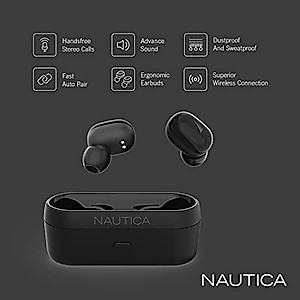 Nautica T300 True Wireless Earbuds, Bluetooth v5.0 TWS in-Ear Earphones with Built-in Mic, Wireless Bluetooth Earbuds, Micro-USB Charging Case Touch Control, Ergonomic Design Sweat-Proof (Black)
