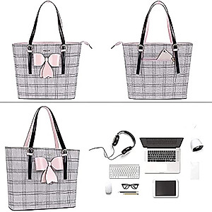 MOSISO Laptop Tote Bag Compatible with MacBook Air 15 inch M2 A2941 2023/Pro 16 inch 2023-2019,15-15.6 inch Notebook, PU Leather Large Capacity Work Bag Travel Shoulder bag with Grid MO-GID002LTBR