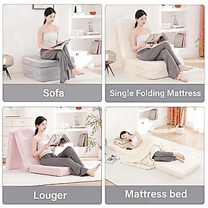 Tiita Tri Foldable Floor Mattress for Adults, 4 inch Single Folding Mattress with Washable and Removable Cover for Camping, Living Room, Guest Room, Plush Grey