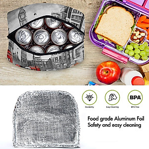 ZzWwR Stylish London Street View Big Ben Reusable Lunch Tote Bag with Front Pocket Zipper Closure Insulated Thermal Cooler Container Bag for Man Women Work Picnic Travel Beach Fishing